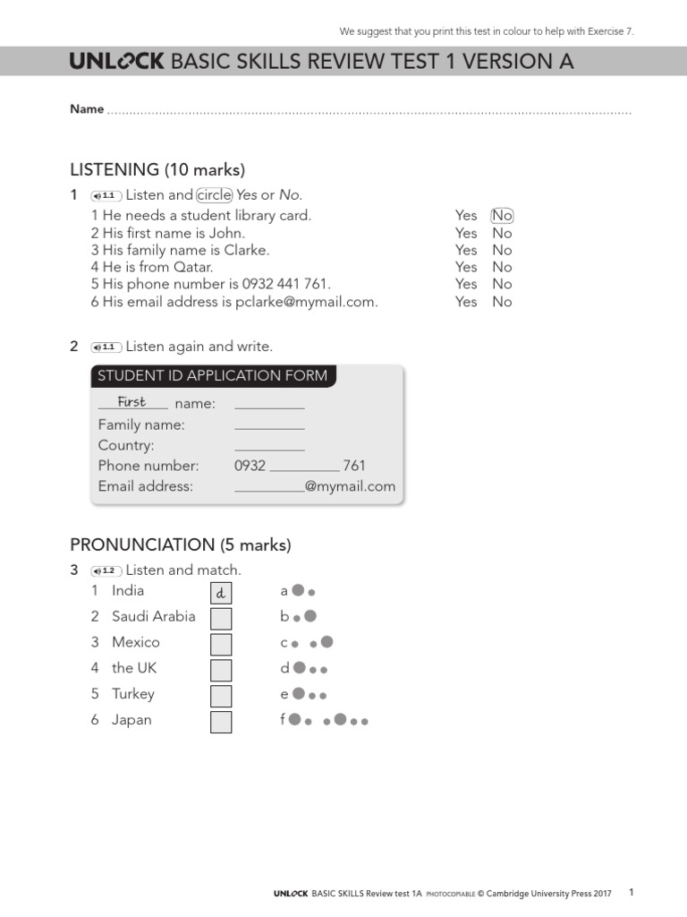 Basic Skills Review Test Unit 1 Version A | PDF