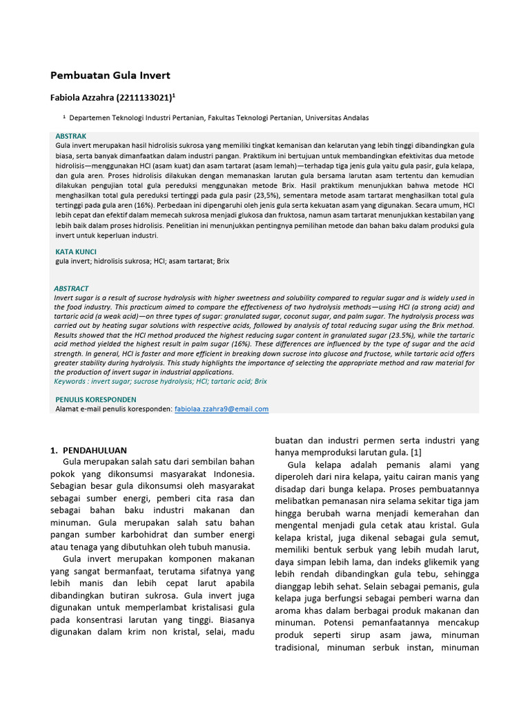 Fabiola Azzahra (2211133021) - Gula Invert | PDF