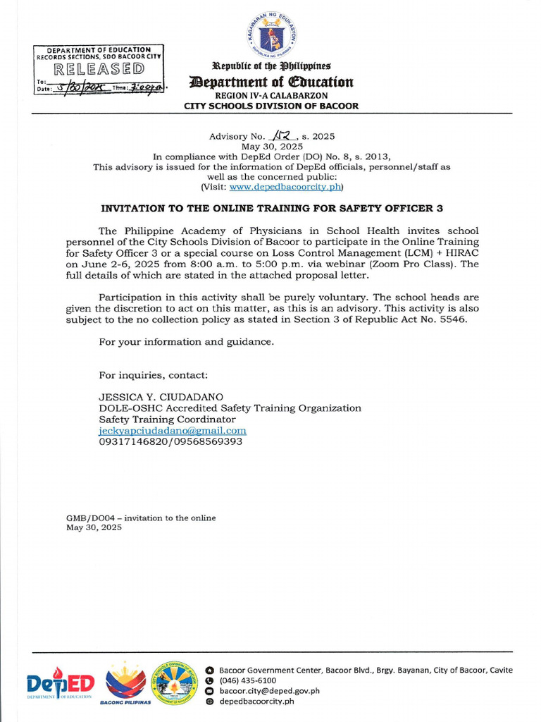 DA No. 152, s.2025 Invitation To The Online Training For Safety Officer ...