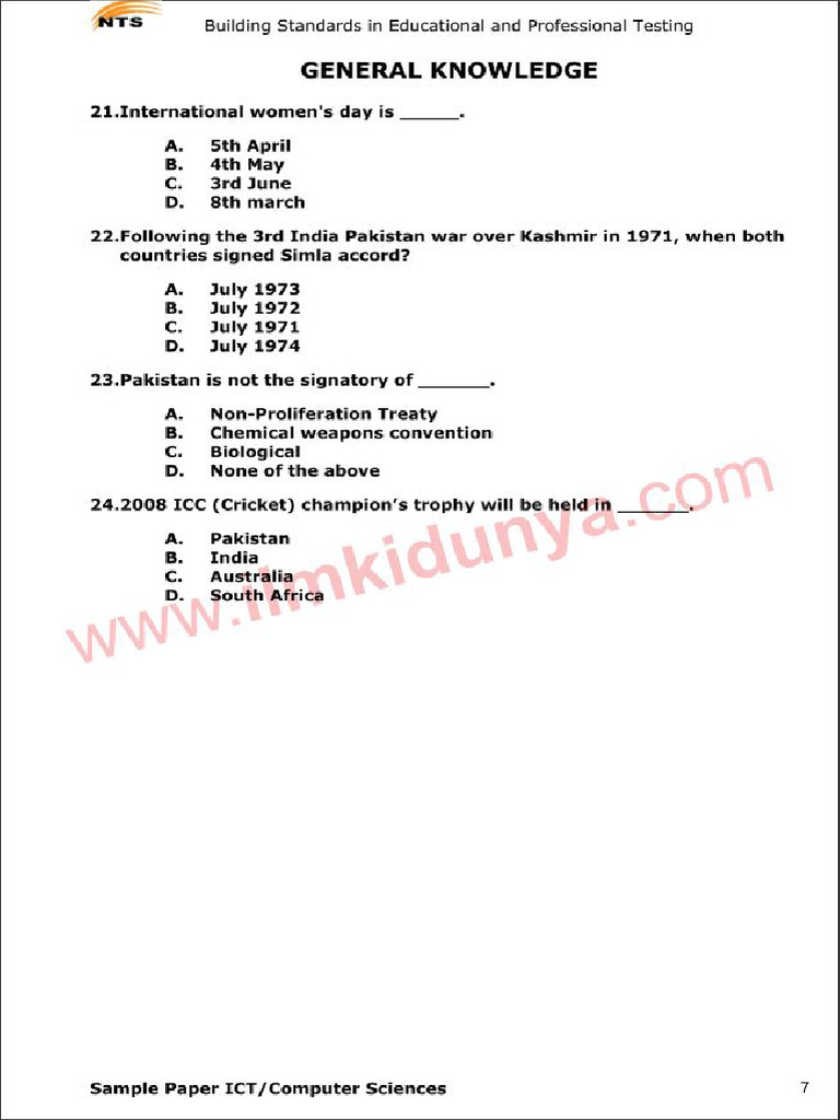 NTS Sample Past Papers Information Technology ICT Computer Science ...