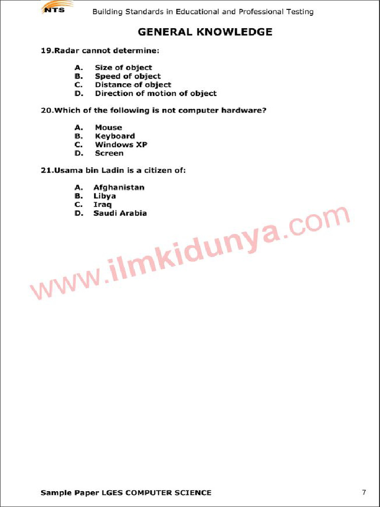 NTS Sample Past Papers Information Technology Computer Science Teacher ...