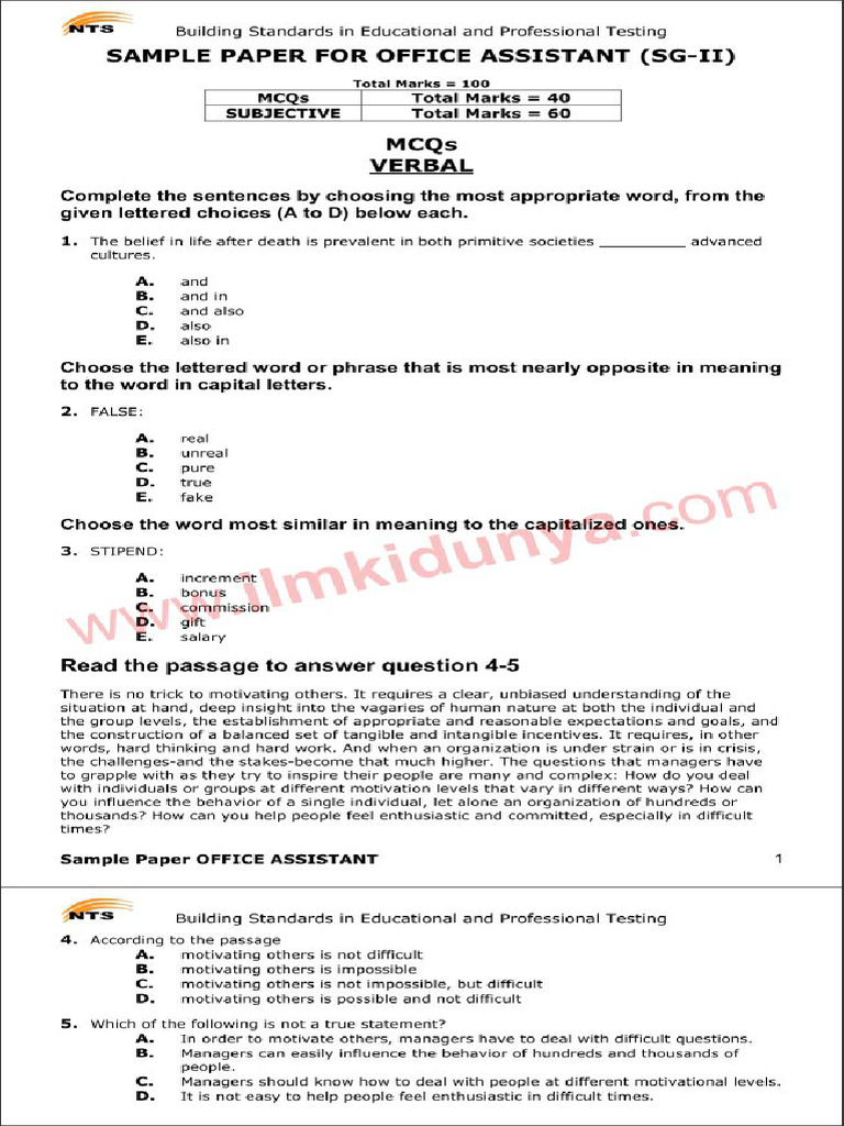 NTS Sample Past Papers Miscellaneous Office Assistant Verbal | PDF