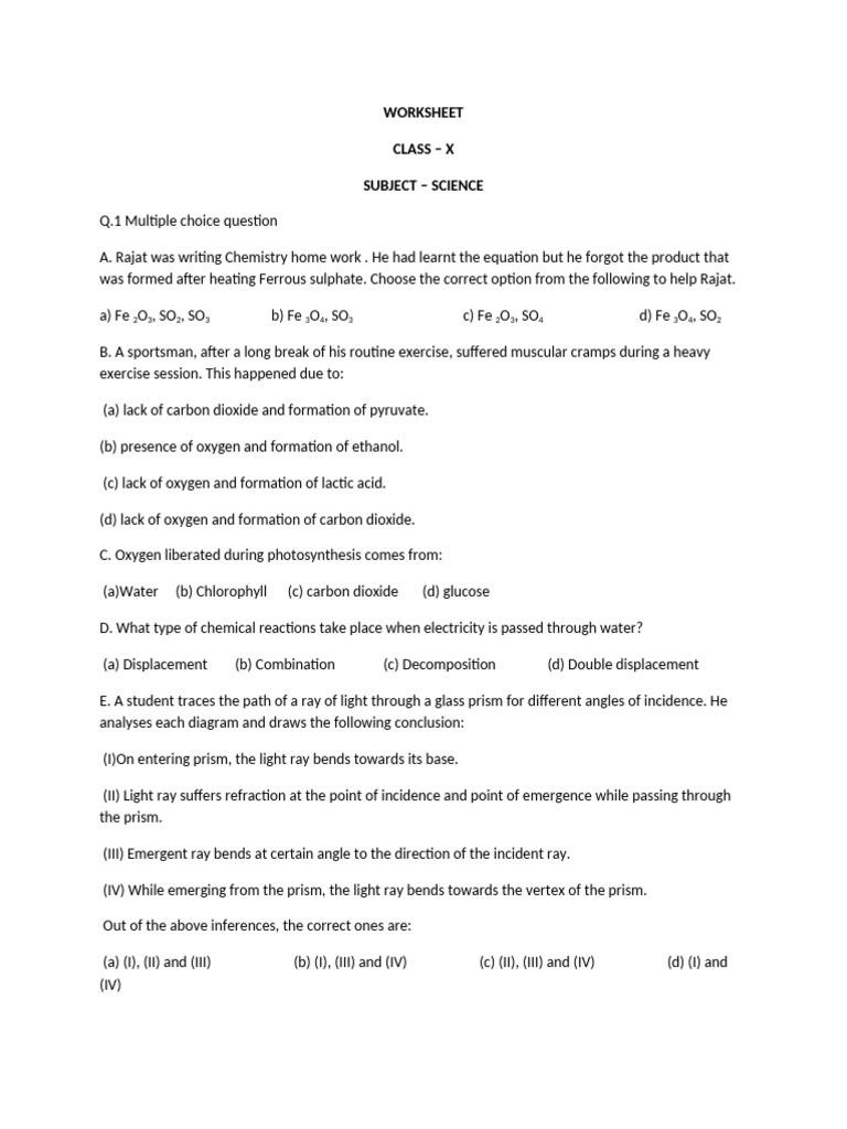 Science Class 10 Worksheet-2 | PDF | Mirror | Chemical Substances