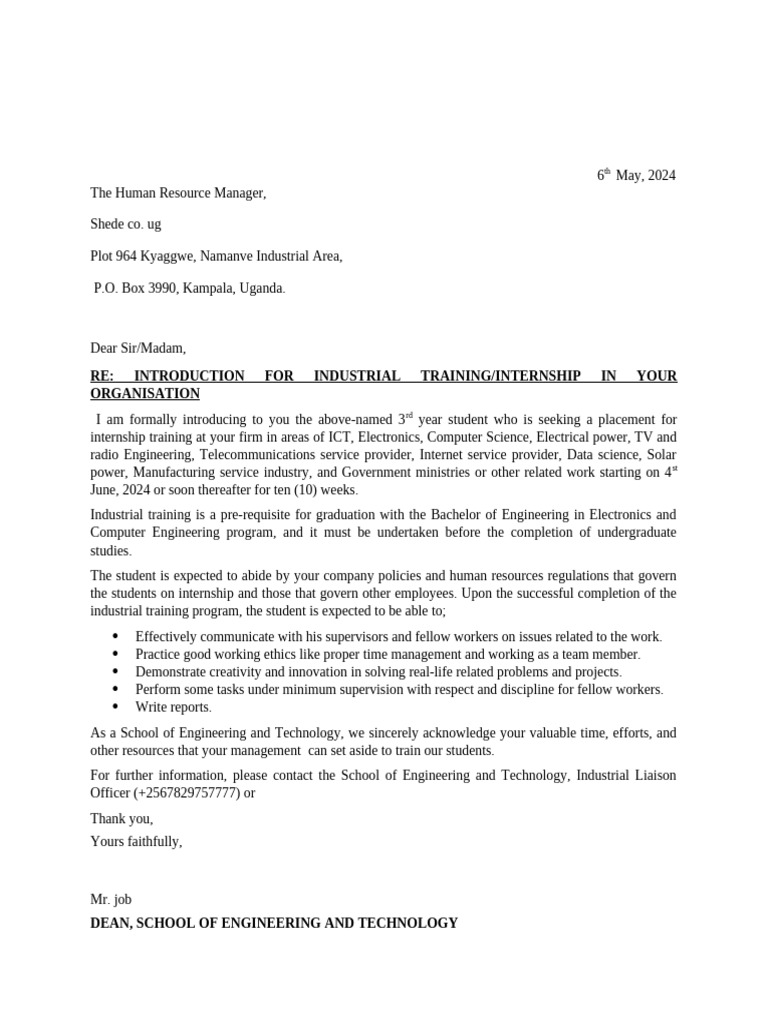 INDUSTRIAL TRAINING INTRODUCTION LETTER. Daniel Coca Cola | PDF