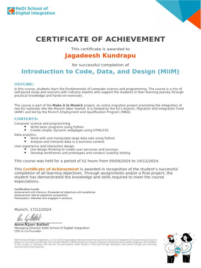 Certificate of Achievement - Jagadeesh Kundrapu | PDF