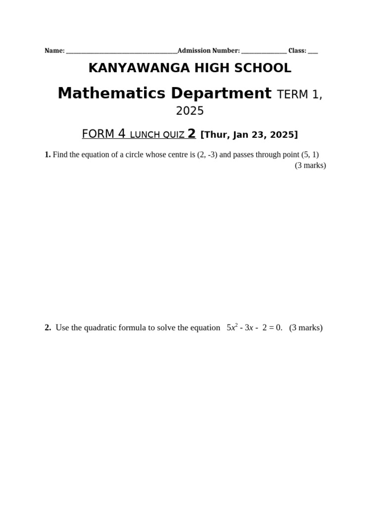 Form 4 Mathematics Lunch Quiz 2025 | PDF