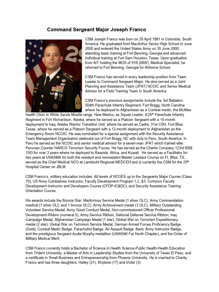 Bio CSM Franco 2023 | PDF | Military | Military Organization