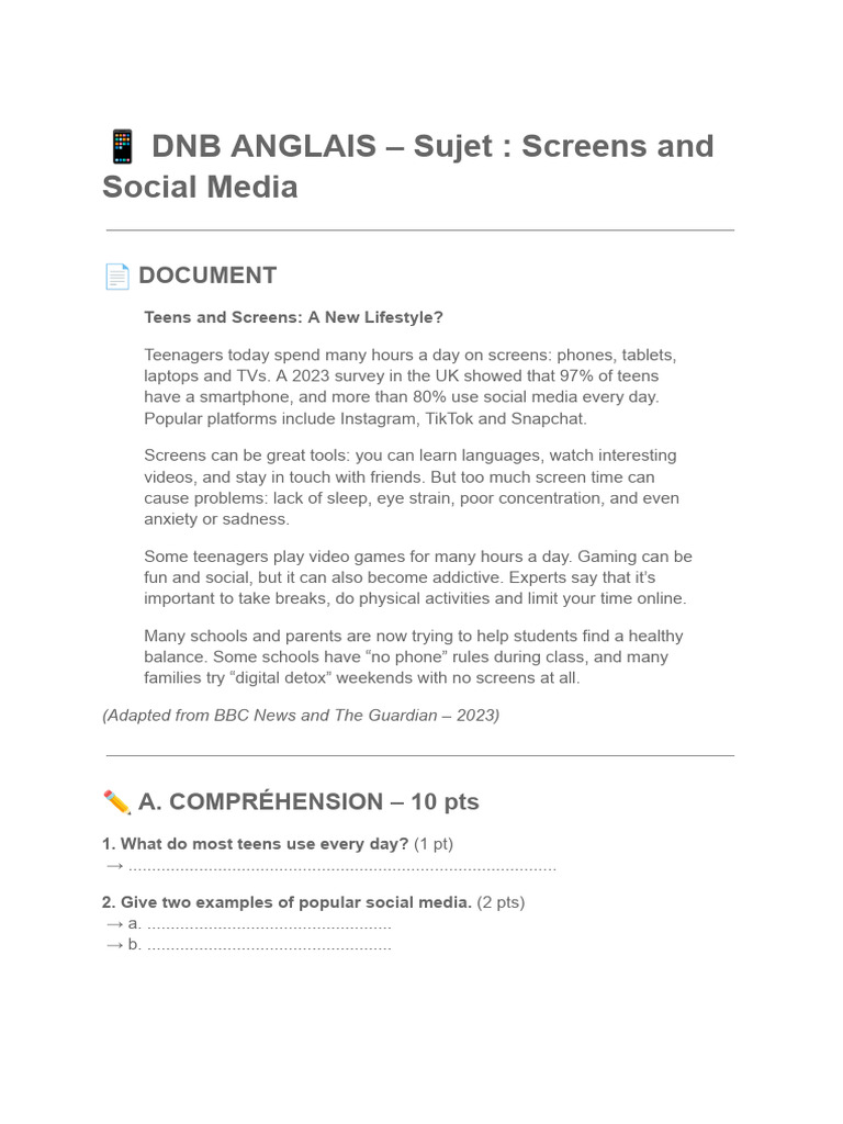 ? DNB ANGLAIS - Sujet - Screens and Social Media | PDF | Computing | Information And ...