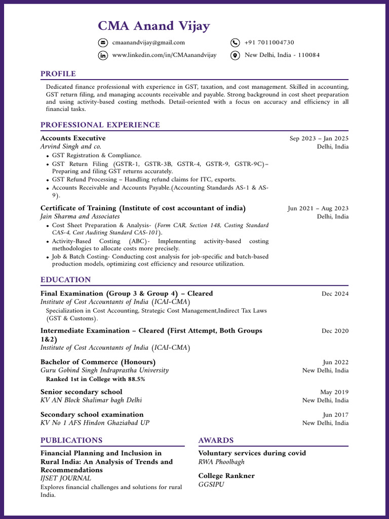 CMA Anand Vijay FlowCV Resume 20250316 | PDF | Cost Accounting | Accounting