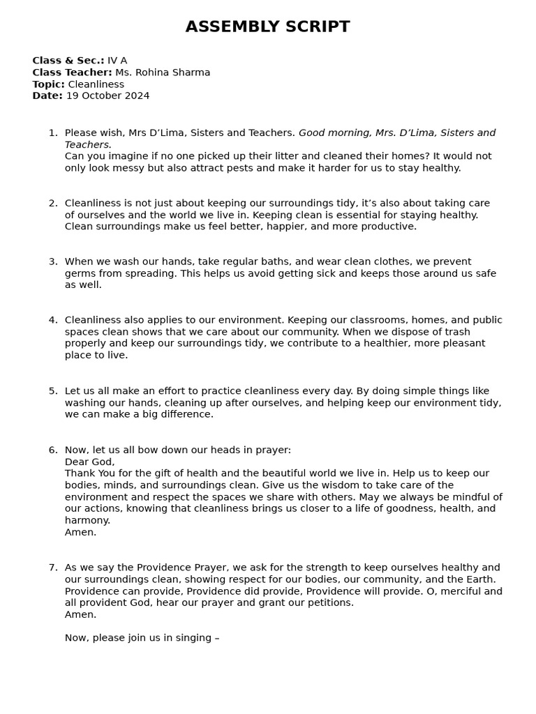 Assembly Script - Cleanliness (IV A) | PDF