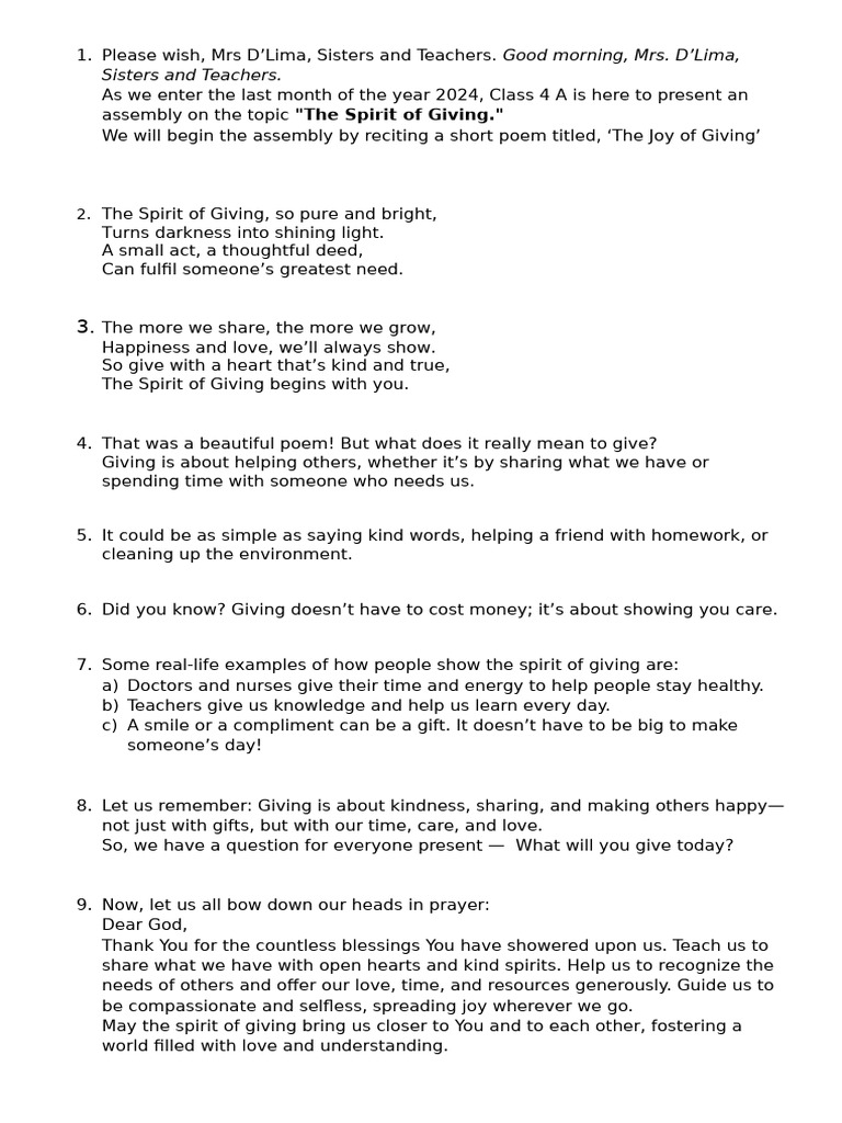 Class IV A - The Spirit of Giving (Assembly Script) | PDF | Prayer | Love