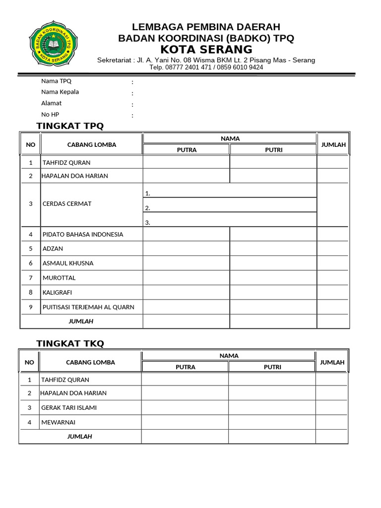 Formulir Pendaftaran Lomba TPQ | PDF