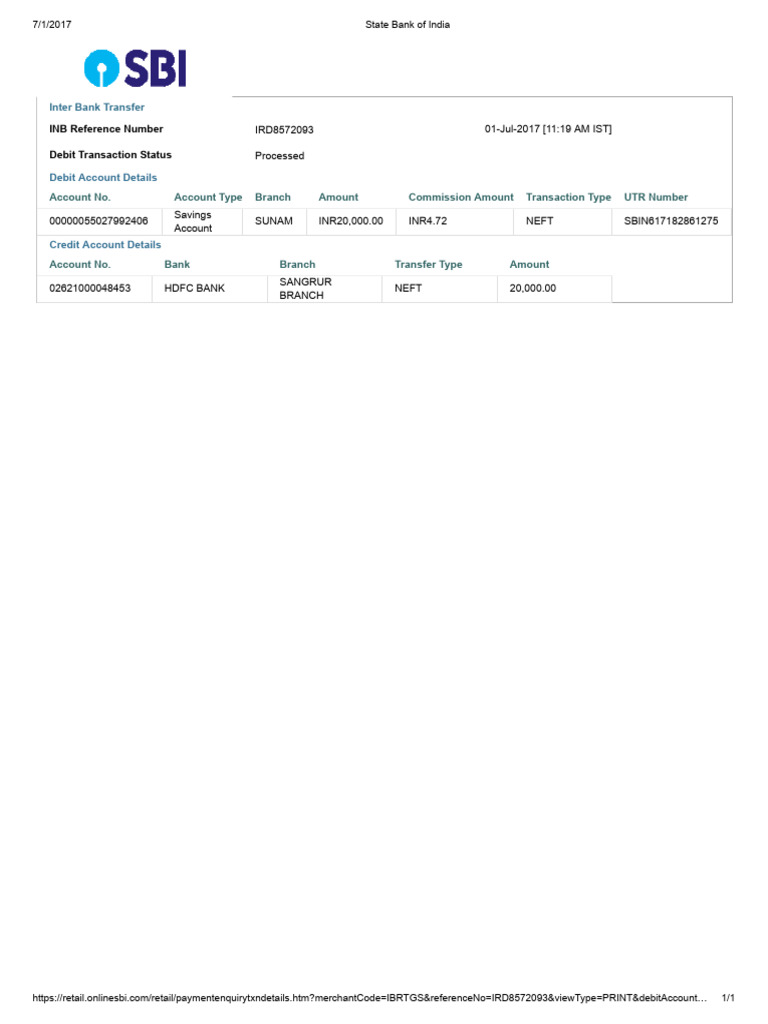 SBI Inter Bank Transfer Receipt | PDF