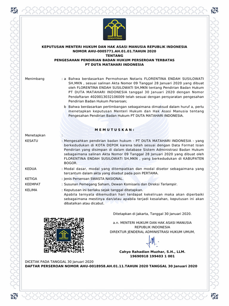 SK Menkeh Pendirian PT Duta Matahari Indonesia | PDF