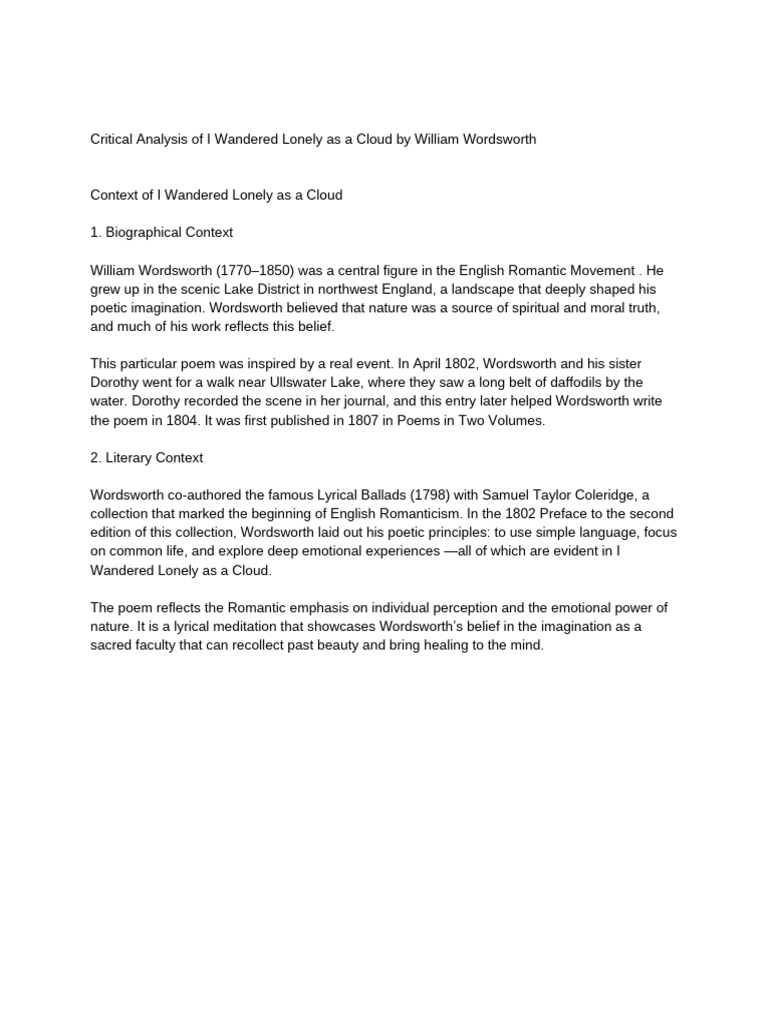 Critical Analysis of I Wandered Lonely As A Cloud by William Wordsworth ...