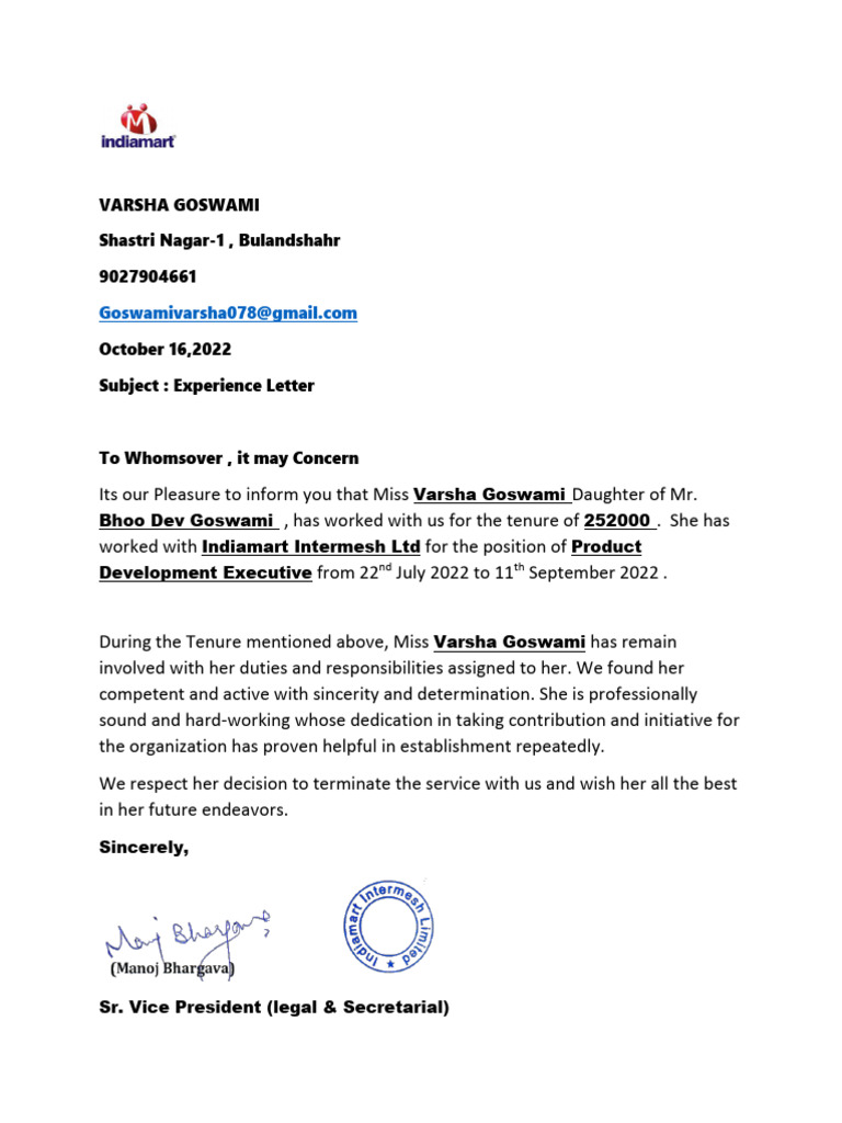 Varsha Goswami Experience Letter Indiamart Intermash Limited | PDF