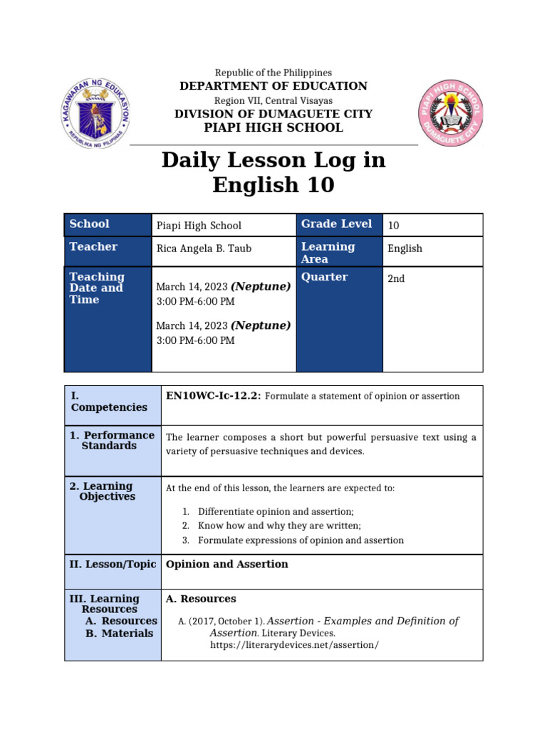 English 10 Lesson on Opinion and Assertion | PDF | Feeling | Opinion