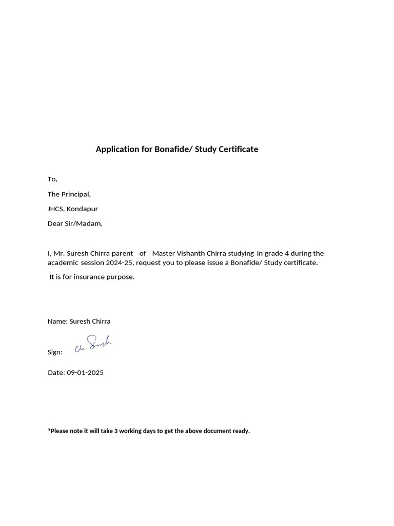 Application Form For Bonafide or Study Certificate | PDF