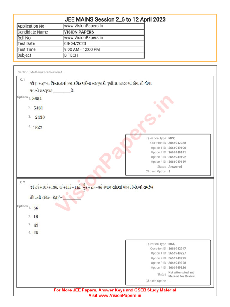 JEE Mains 2023 Mathematics & Physics MCQs | PDF | Multiple Choice ...