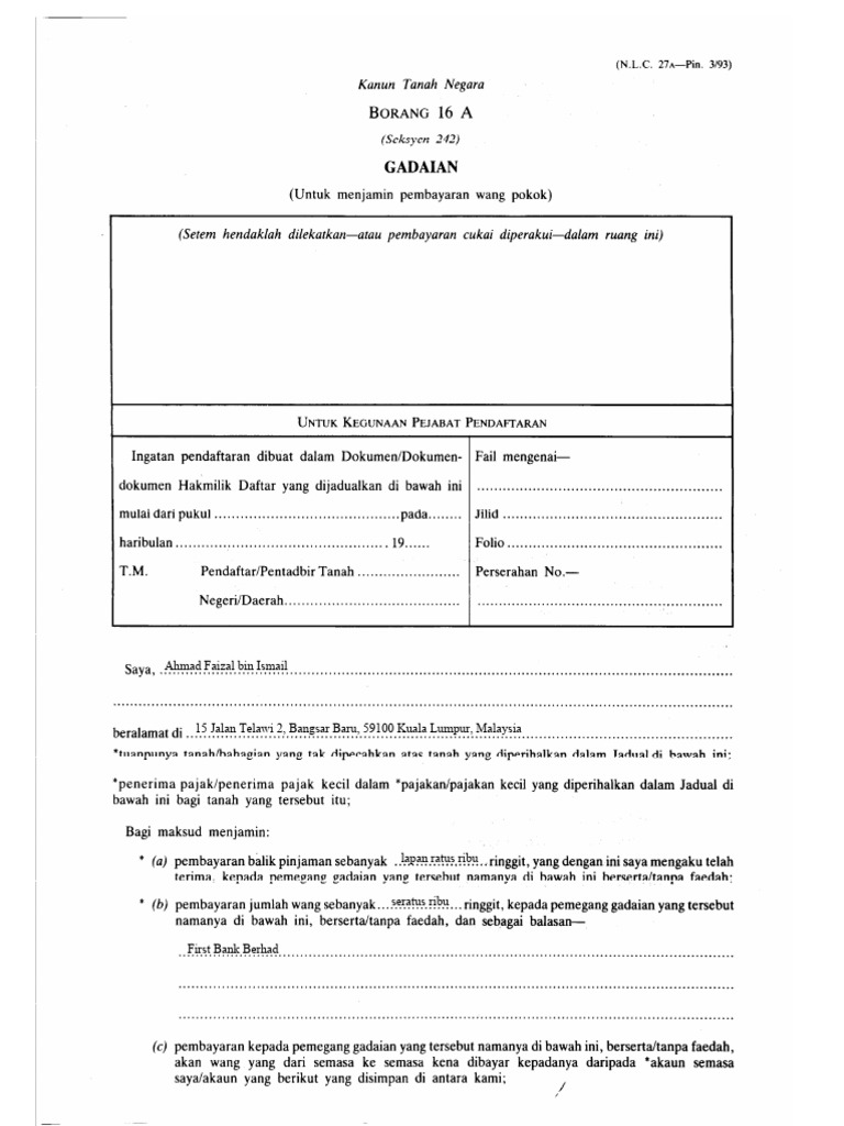 Borang 16A - Gadaian Example 1 | PDF