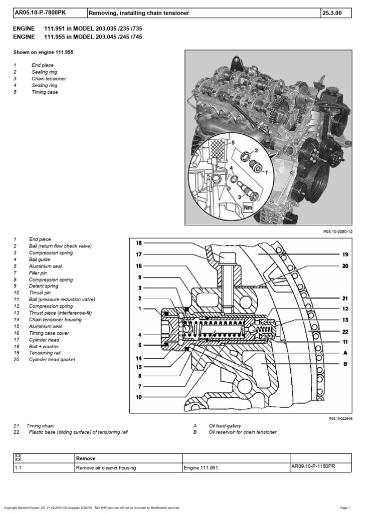 w203 Removing Installing Chain Tensioner m111 | PDF | Valve | Engines