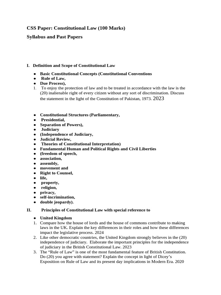 CSS Constitutional Law Syllabus & Papers | PDF | Constitution | Rule Of Law