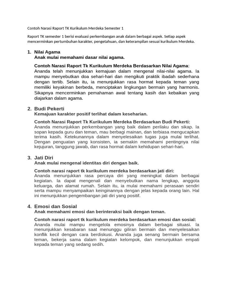 Contoh Narasi Raport TK Kurikulum Merdeka Semester 1-2 | PDF