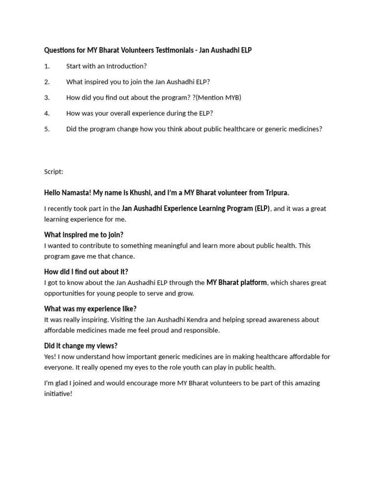 Questions For MY Bharat Volunteers Testimonials | PDF