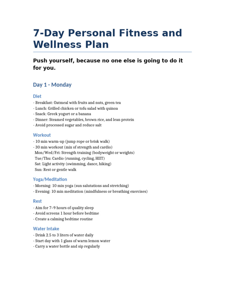 7-Day Fitness Wellness Plan Formatted (1) | PDF | Lunch | Strength Training