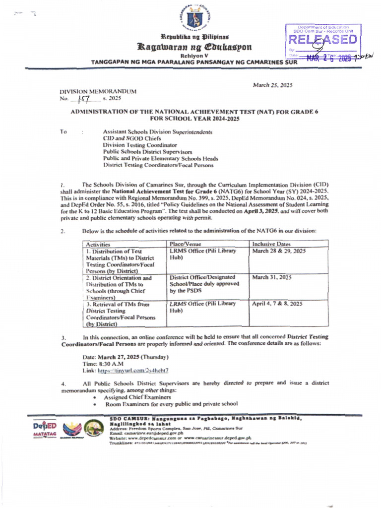 Div Memo No. 157 - 03262025 - Administration of The National ...
