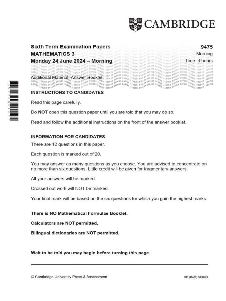 Mathematics Paper for June 2024 Exam | PDF | Mathematics