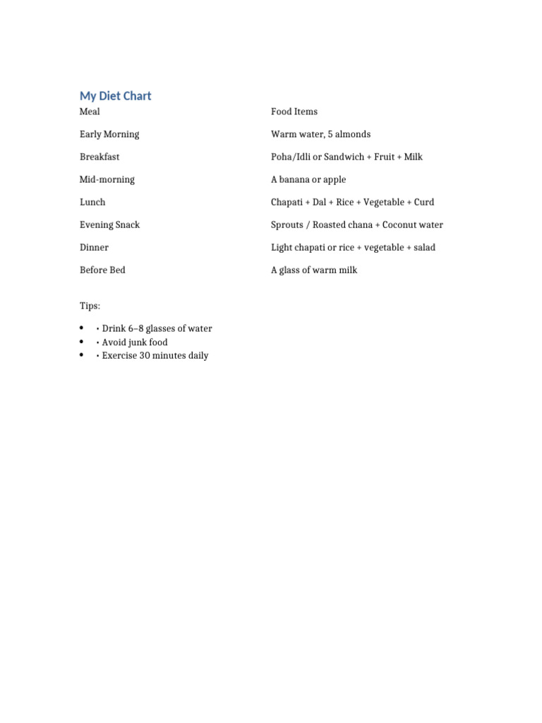 Healthy Diet Chart for Daily Meals | PDF