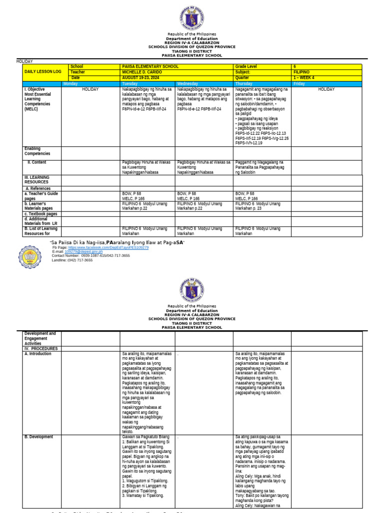 Q1 Week4 DLL Filipino | PDF