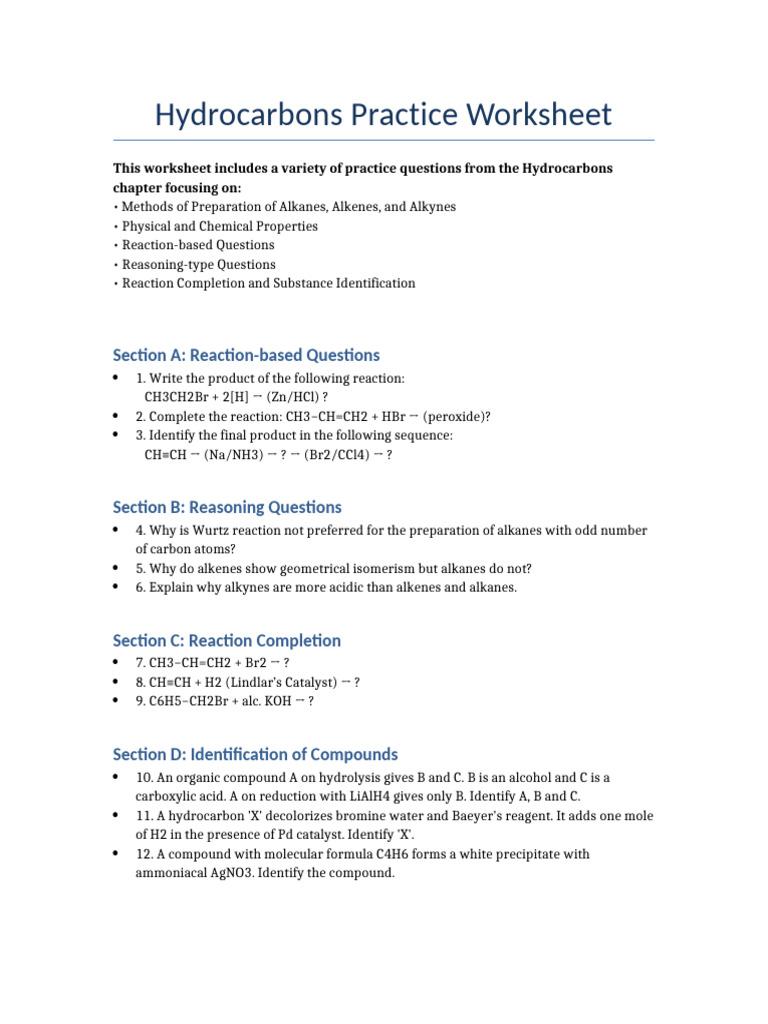 Hydrocarbons Practice Worksheet | PDF