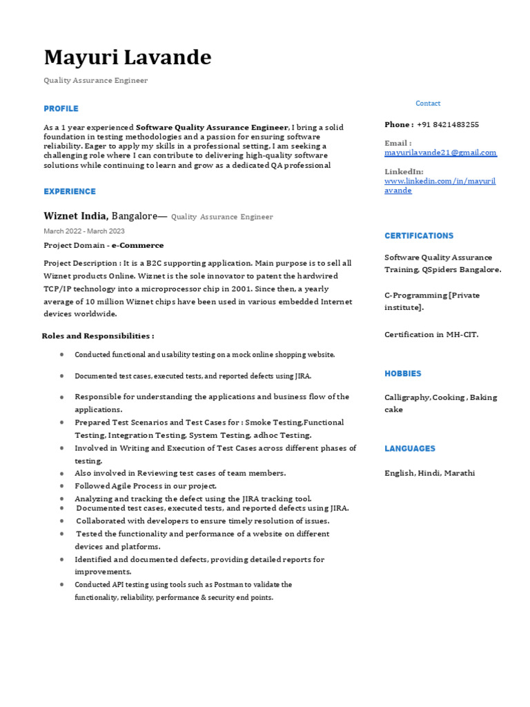 Mayuri QA Resume v1 Ecom | PDF | Quality Assurance | Software