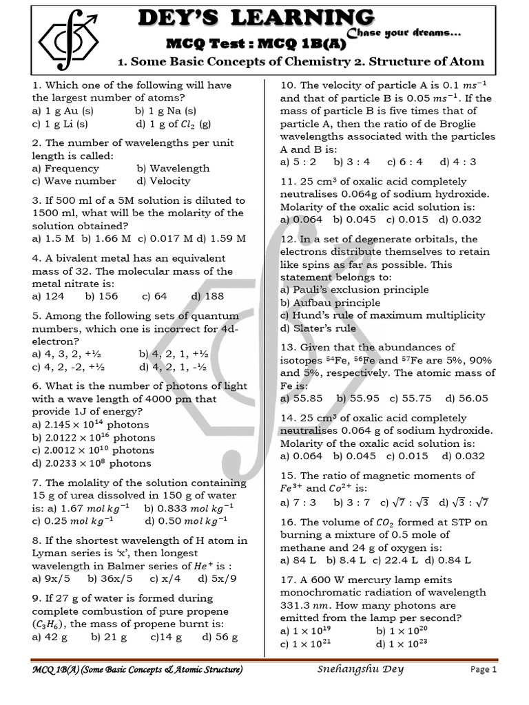 MCQ 1B (A) (DL) Basic Concepts, Atom STR | PDF | Photoelectric Effect | Atoms