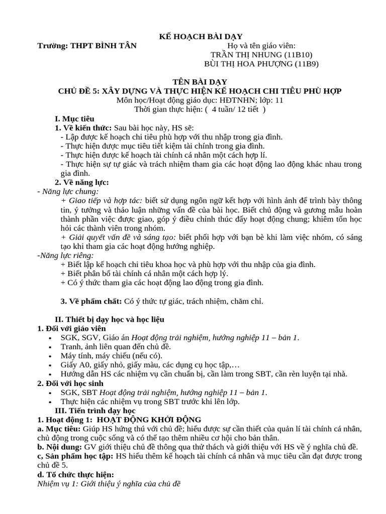 Khbd Hđtnhn Lớp 11 Chủ Đề 5 | PDF