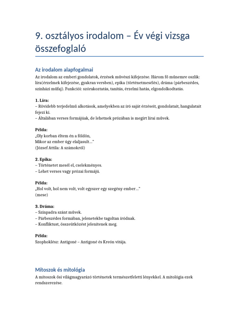 9 Osztaly Irodalom Osszefoglalo | PDF