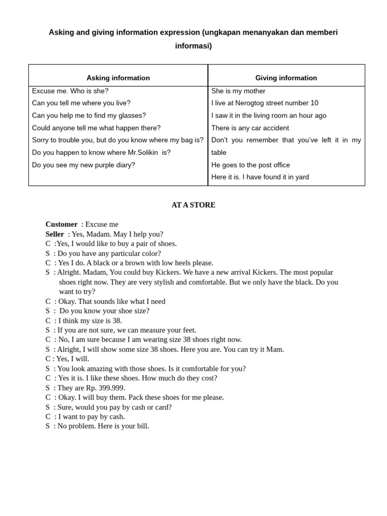 Asking and Giving Information Examples | PDF