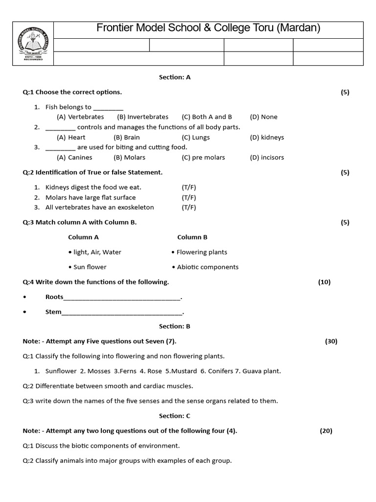 4th Grade Science Model Paper Mardan | PDF