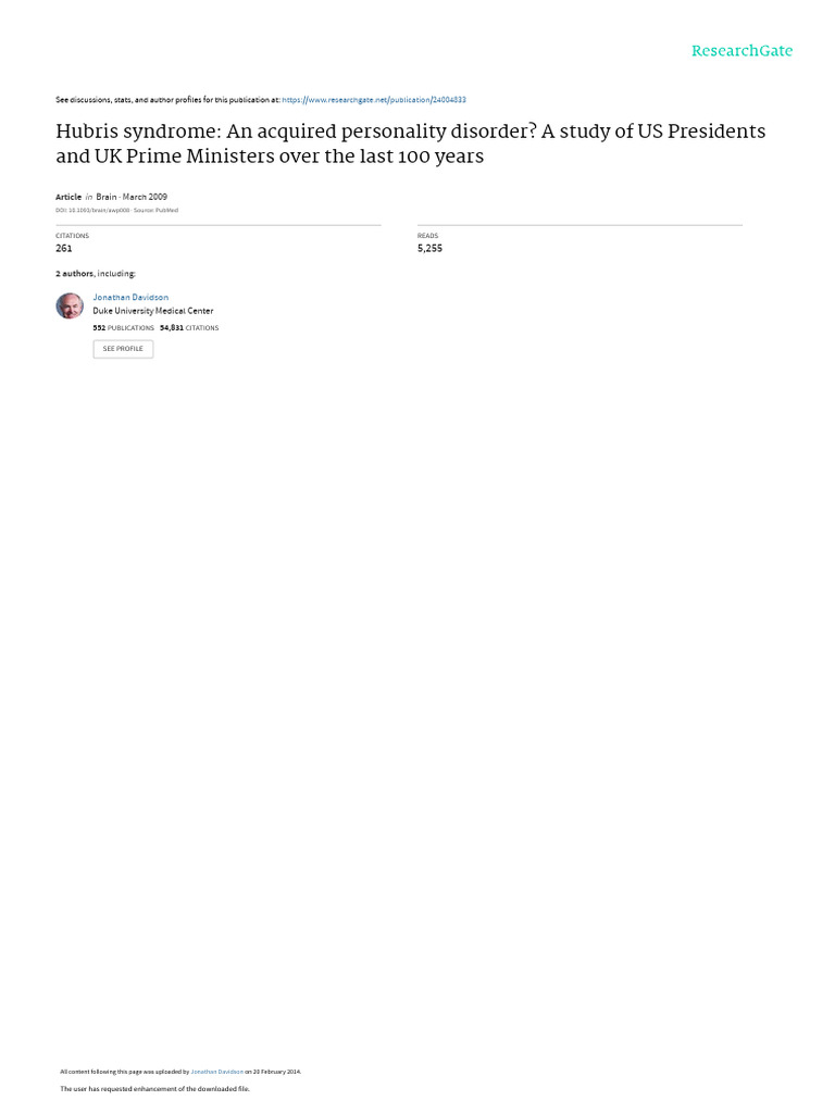 Hubris Syndrome An Acquired Personality Disorder A | PDF | Mental ...