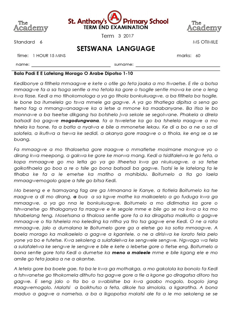 Setswana Grade 6 Term 3 Exam Paper | PDF | Languages Of Africa