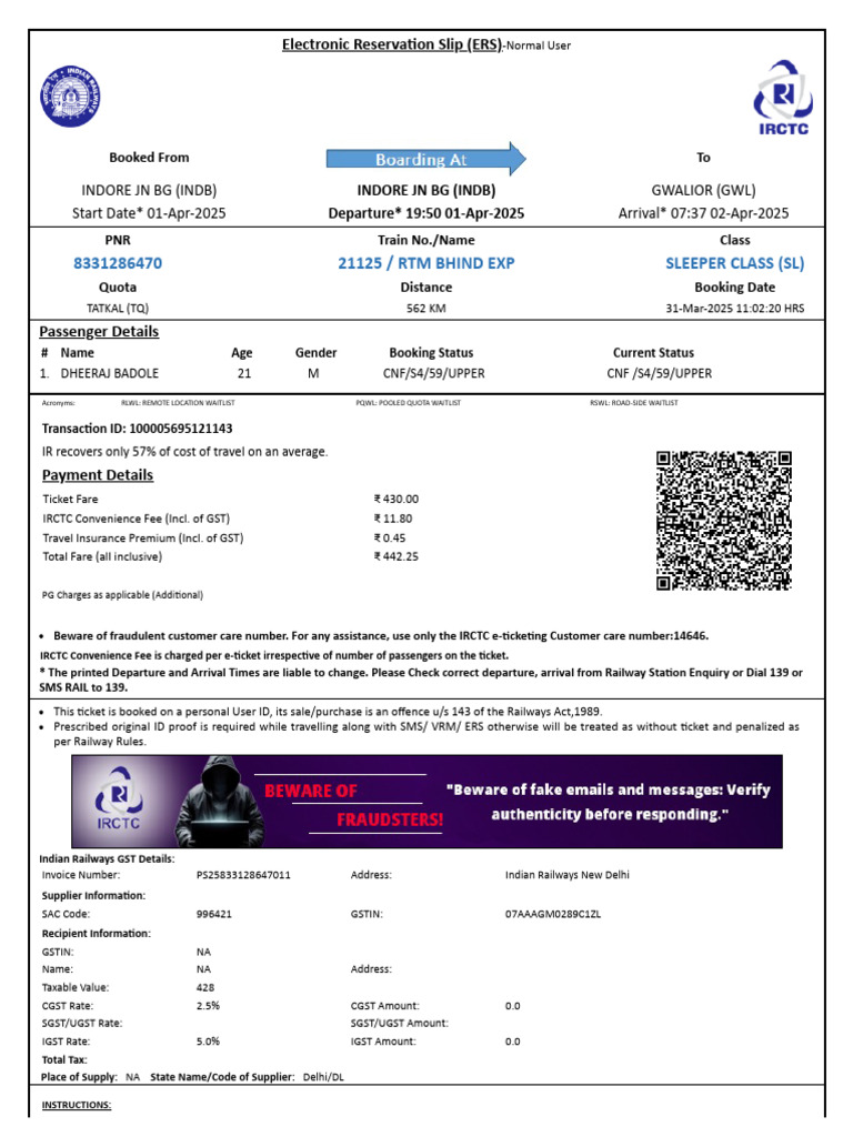 Indian Railways Ticket Booking Details | PDF | Value Added Tax | Payments