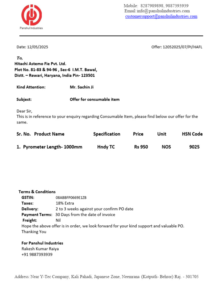 Hitachi Astemo Quotation (Consumable) 11032025 | PDF