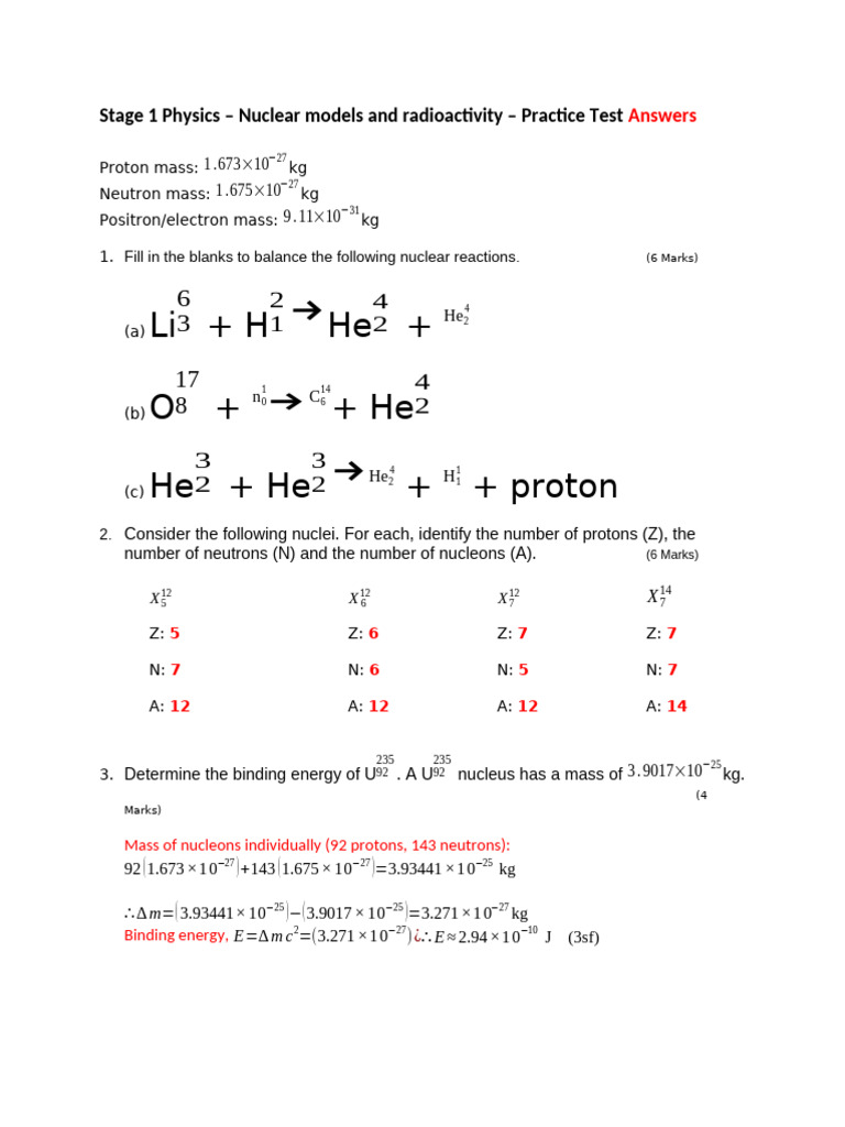 PracticeTest NuclearPhysics Solutions | PDF | Neutron | Atomic Nucleus