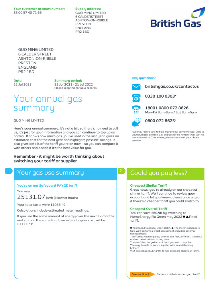 Annual Gas Usage Summary for GUO MING | PDF | Fee