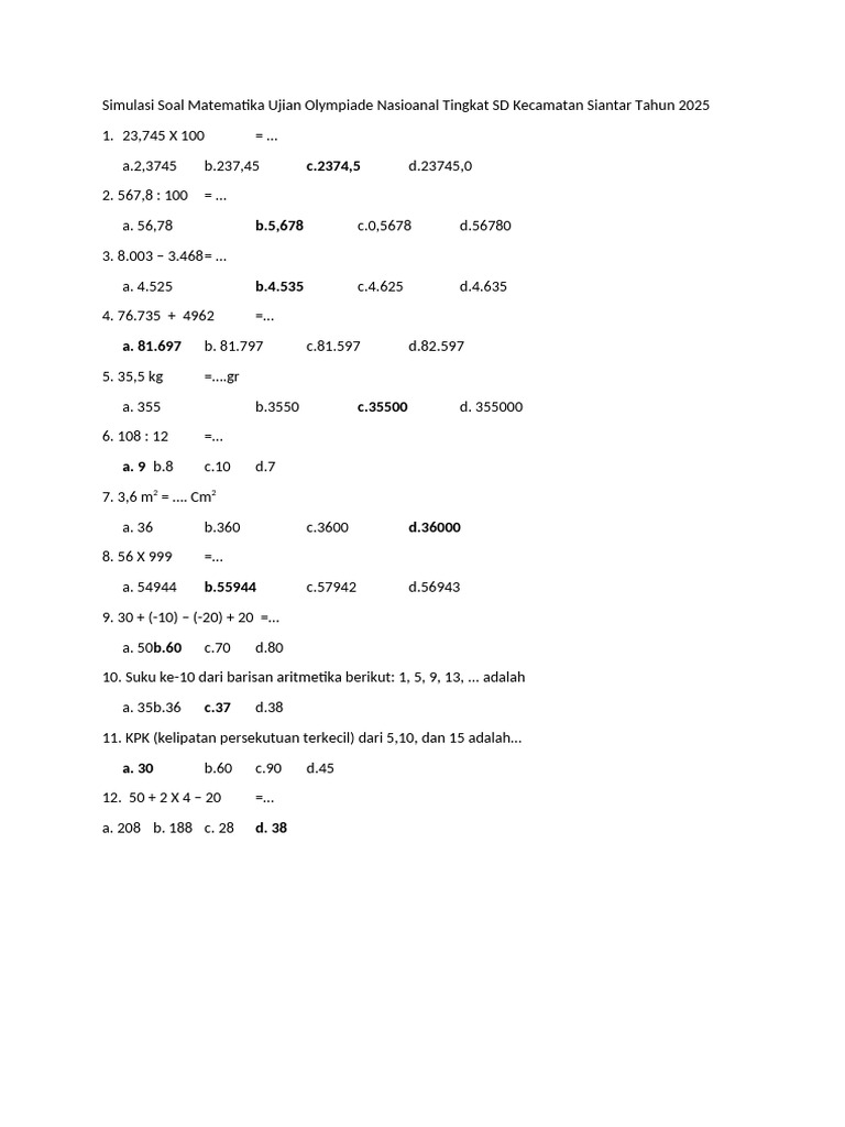 Soal Simulasi Matematika OSN Tahun 2025 | PDF