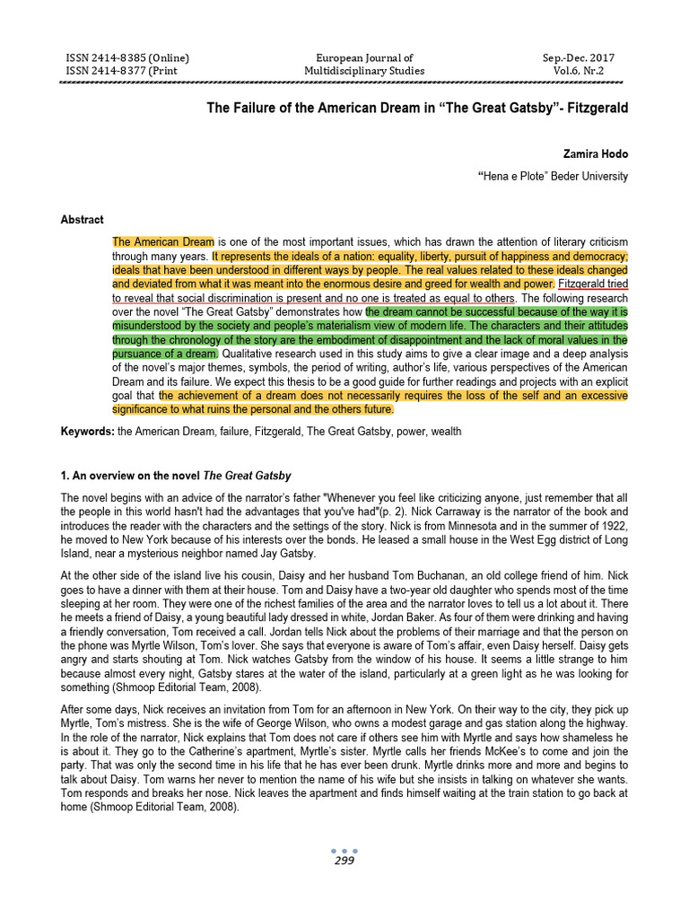 A Research About The Great Gatsby | PDF | The Great Gatsby | American Dream