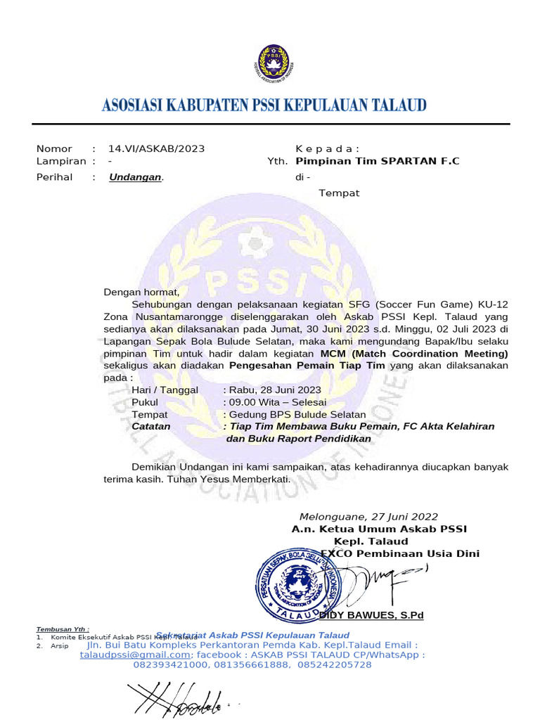 Surat Undangan MCM Tim Bintang Spartan F.C | PDF