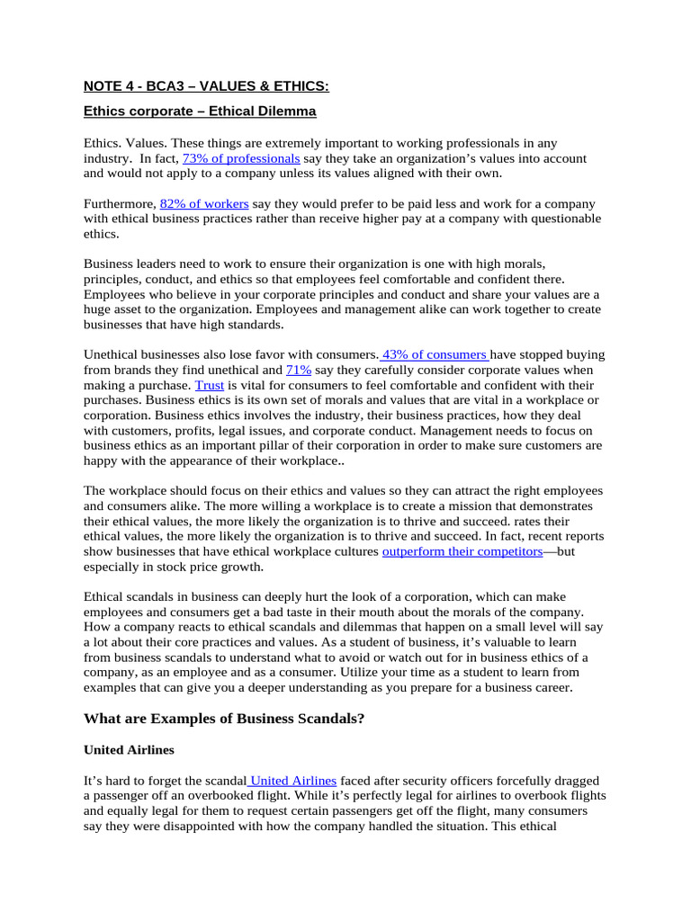 Note 3 - BCA3 Ethics Corporate - Ethical Dilemmas - Stories | PDF | Business Ethics | Employment